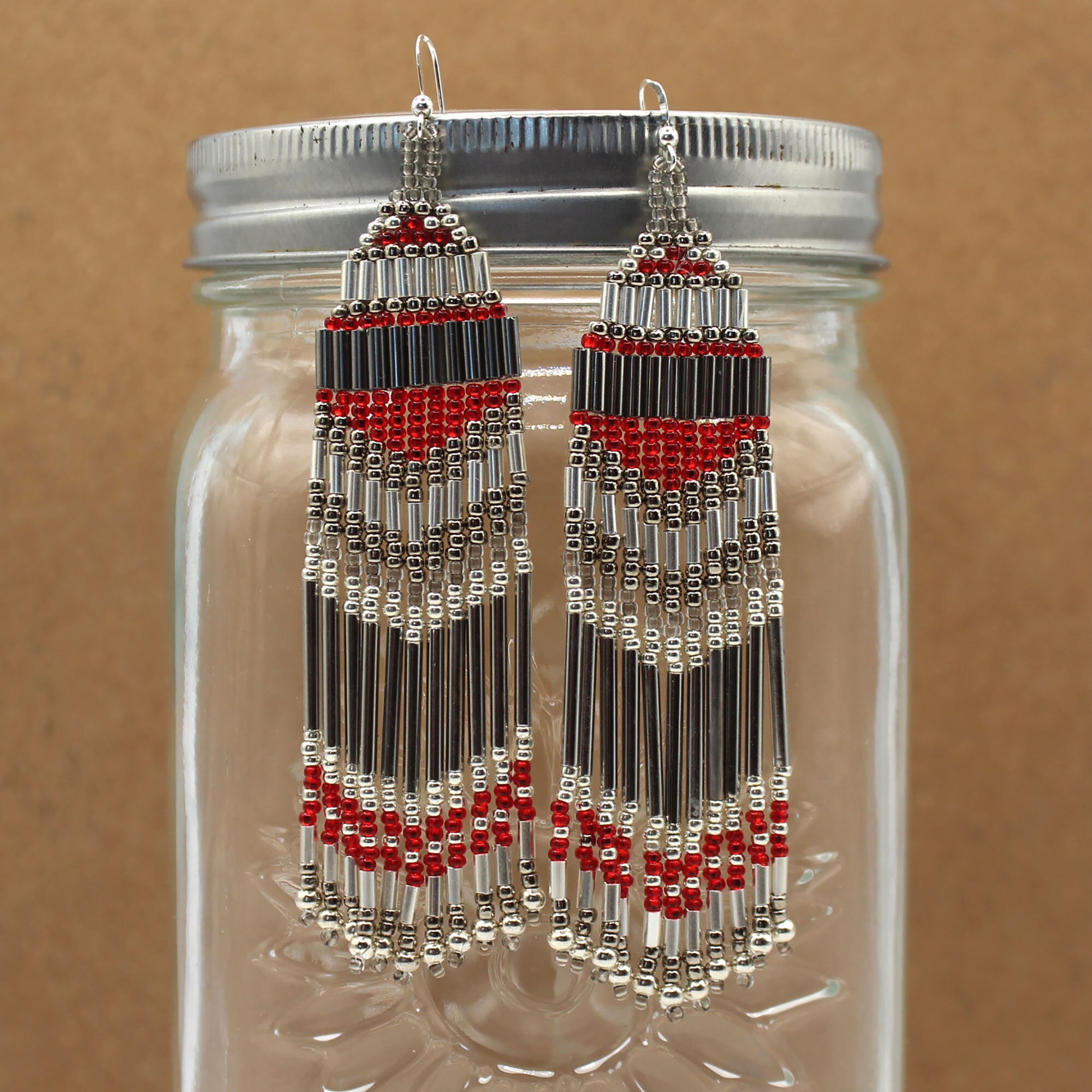 Silver & Red Native Seed and Bugle Bead Fringe Earrings - Etsy