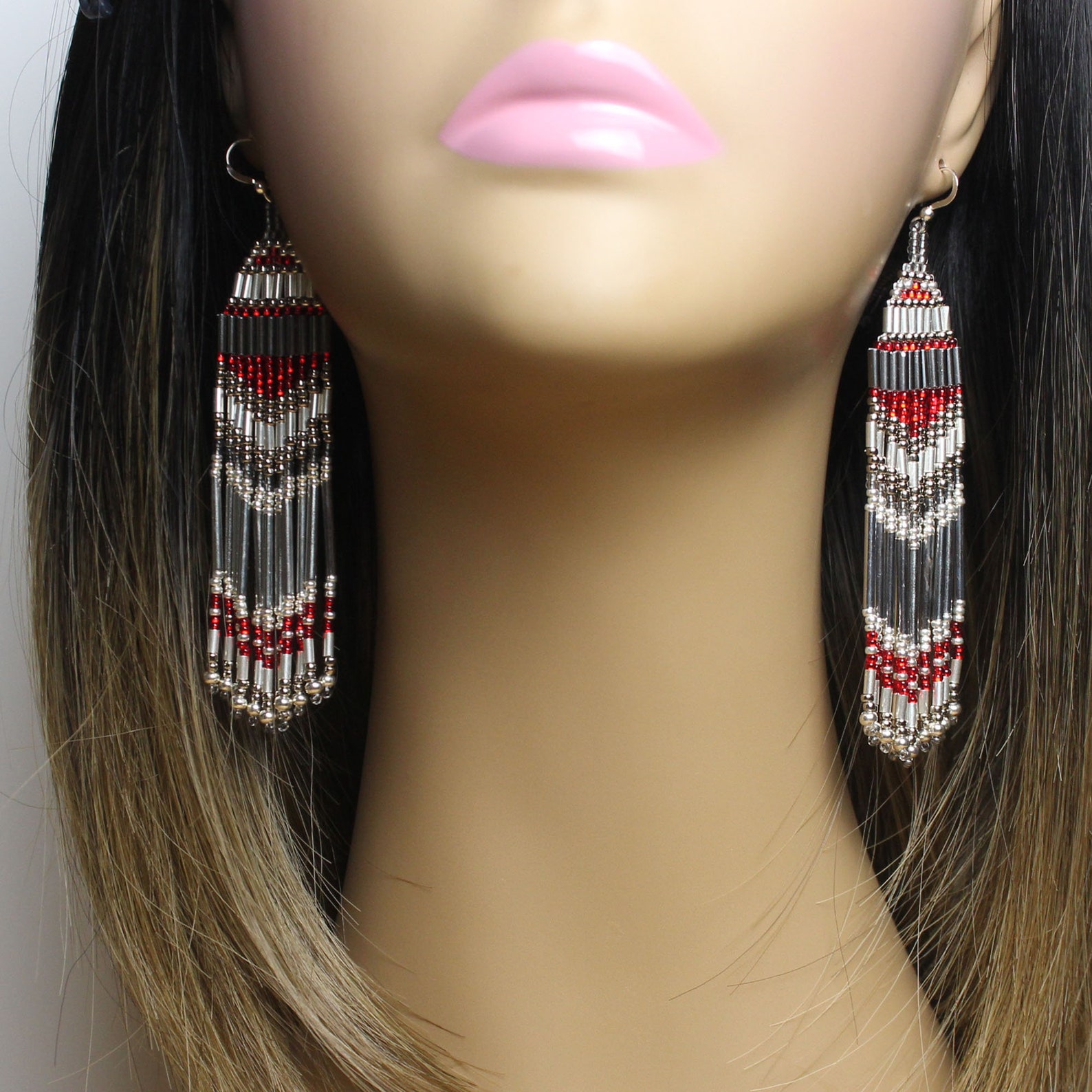 Silver & Red Native Seed and Bugle Bead Fringe Earrings - Etsy