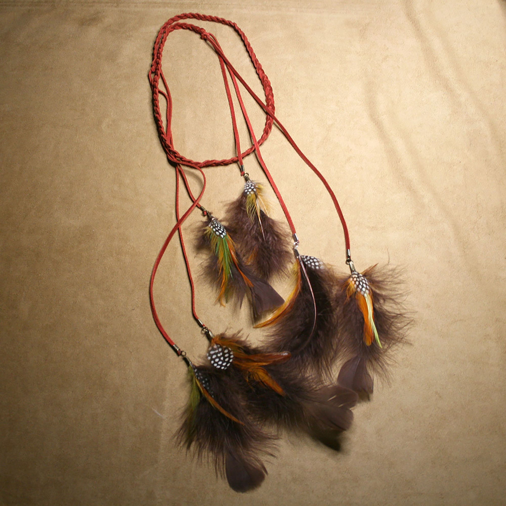 Native Red Leather Braided Headband With Cascading Feathers - Etsy