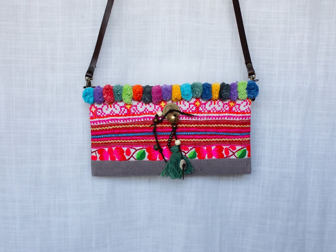 Hmong Pom Pom Embroidered Crossbody Bag Grey Hmong Motif - Etsy