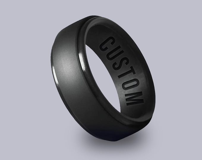 Dark Silver Silicone Ring in Mountain, Forest, or Waves - Engraved Dual ...