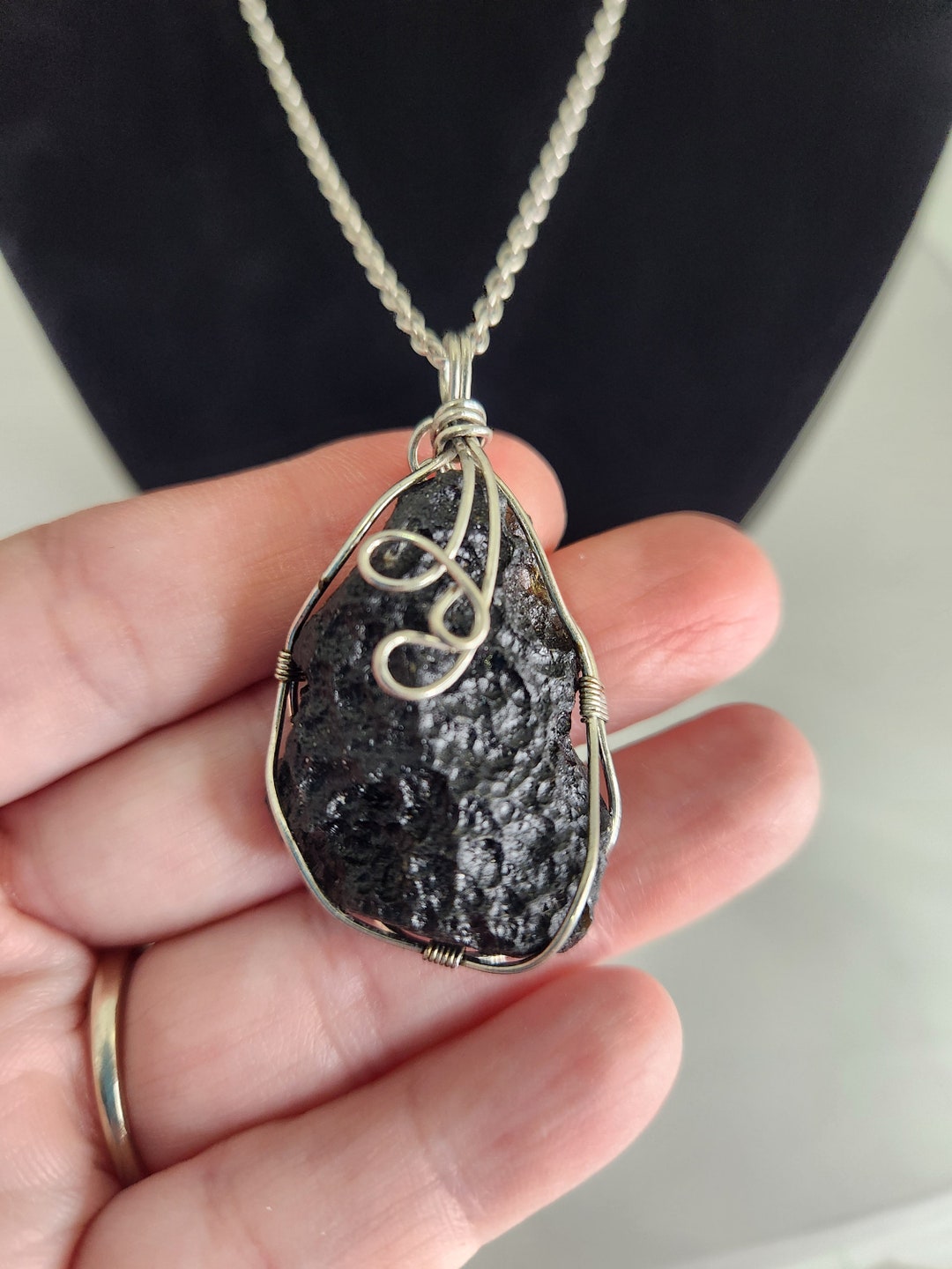 Black Tibet Tektite Meteorite Wire Wrapped in Silver Colored Wrap With ...
