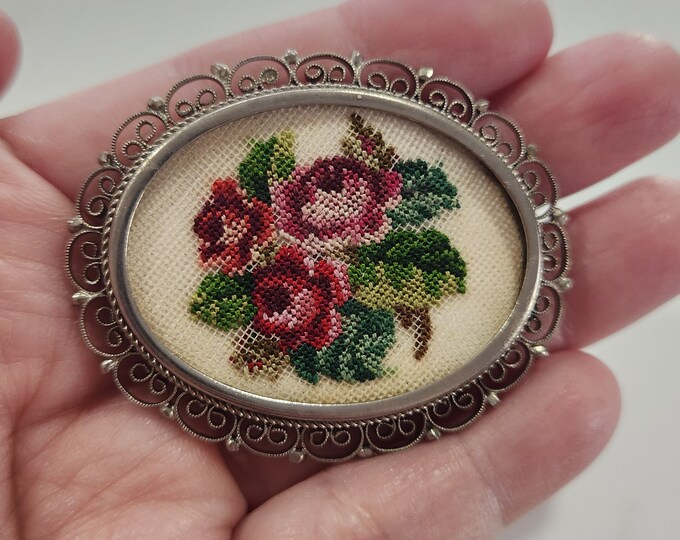 Vintage Petit Point Needlepoint Embroidered Floral Rose Flower Pin ...