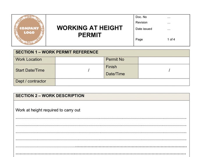 Working at Height Permit permit workingatheightpermit hseform - Etsy