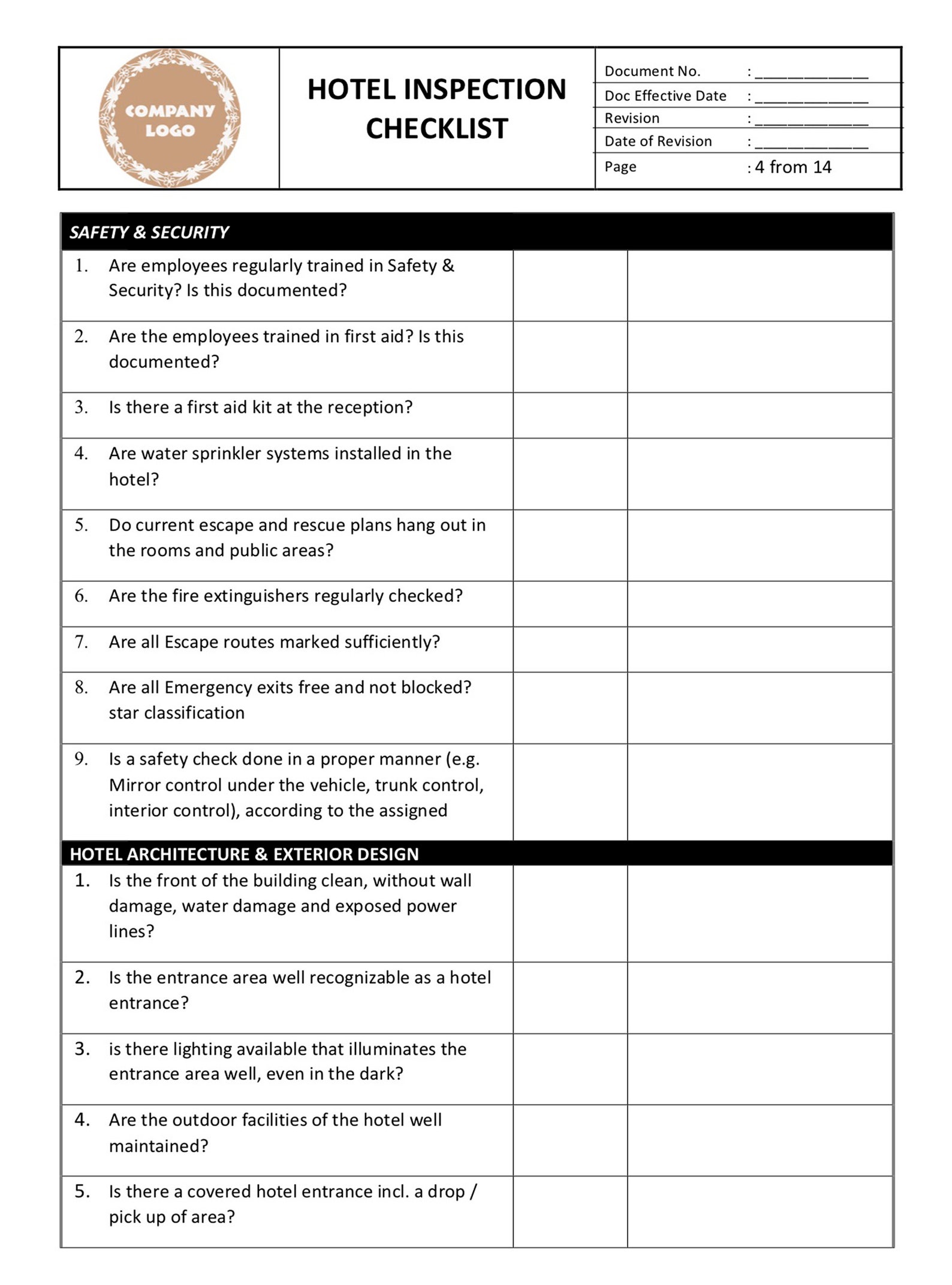 Hotel Inspection Checklist, Safety Inspection Checklist, Safety ...