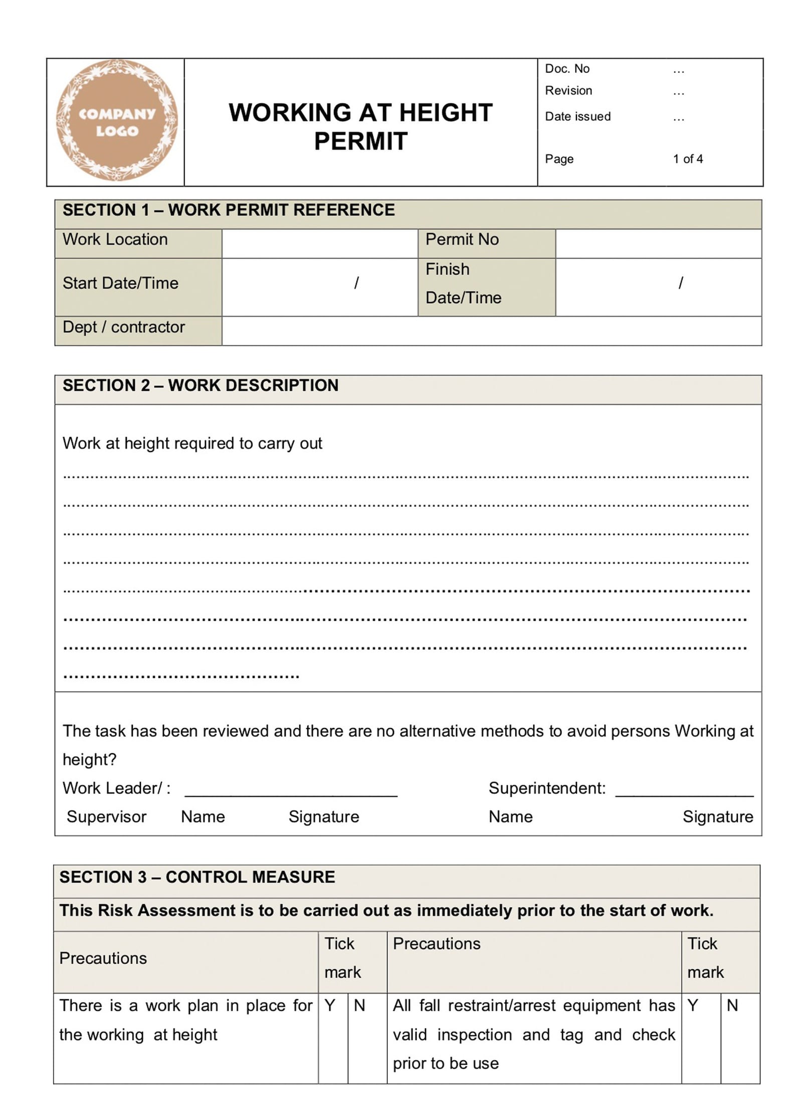 Working at Height Permit #permit #workingatheightpermit #hseform - Etsy