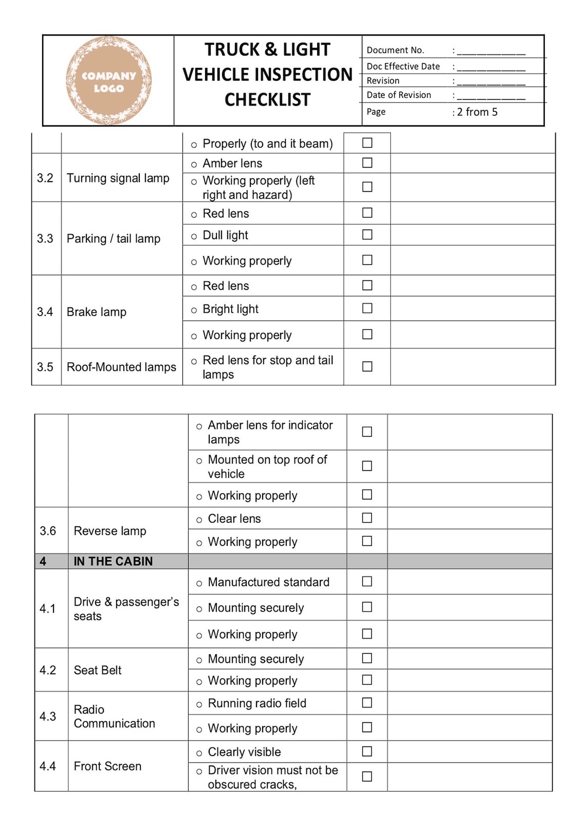 Truck & Light Vehicle Inspection Checklist and Journey Management Plan ...