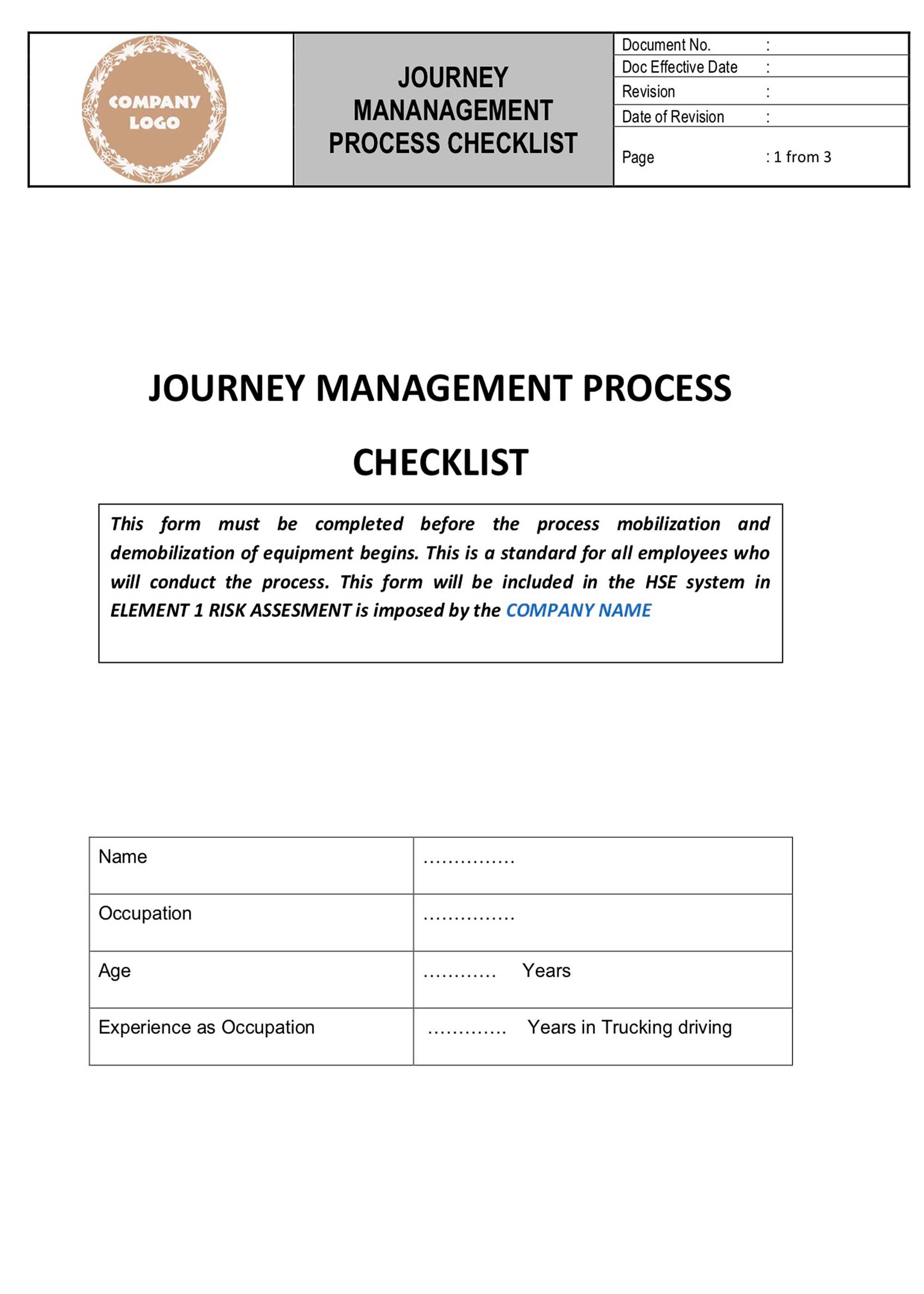 Truck & Light Vehicle Inspection Checklist and Journey Management Plan ...