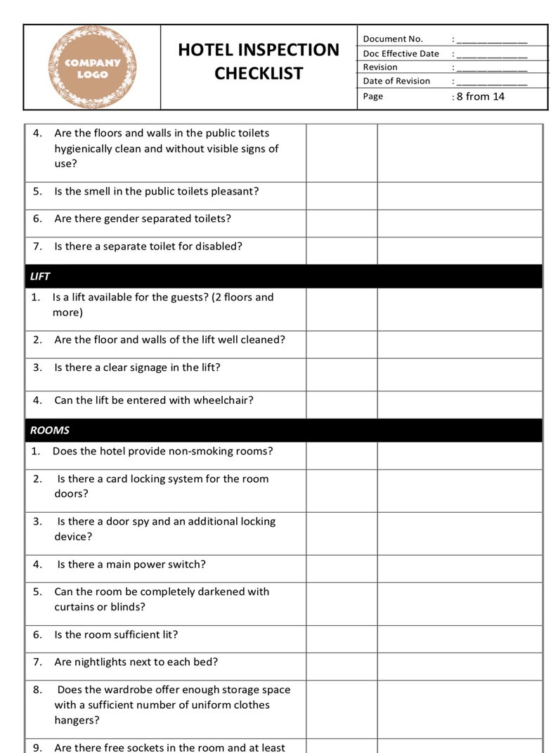 Hotel Inspection Checklist, Safety Inspection Checklist, Safety ...