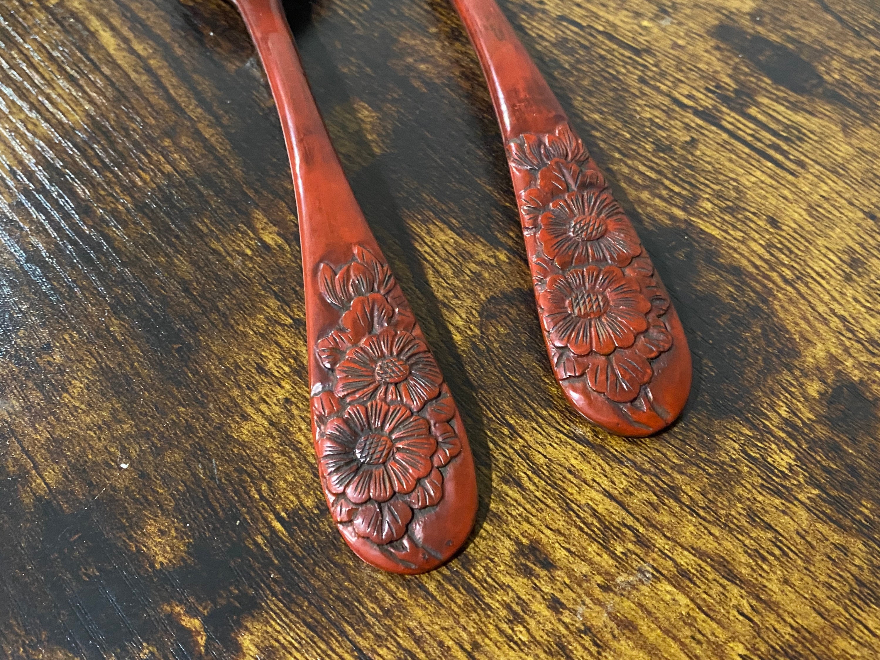 Vintage Red Carved Fork and Spoon Serving Set Kitchen Decor - Etsy