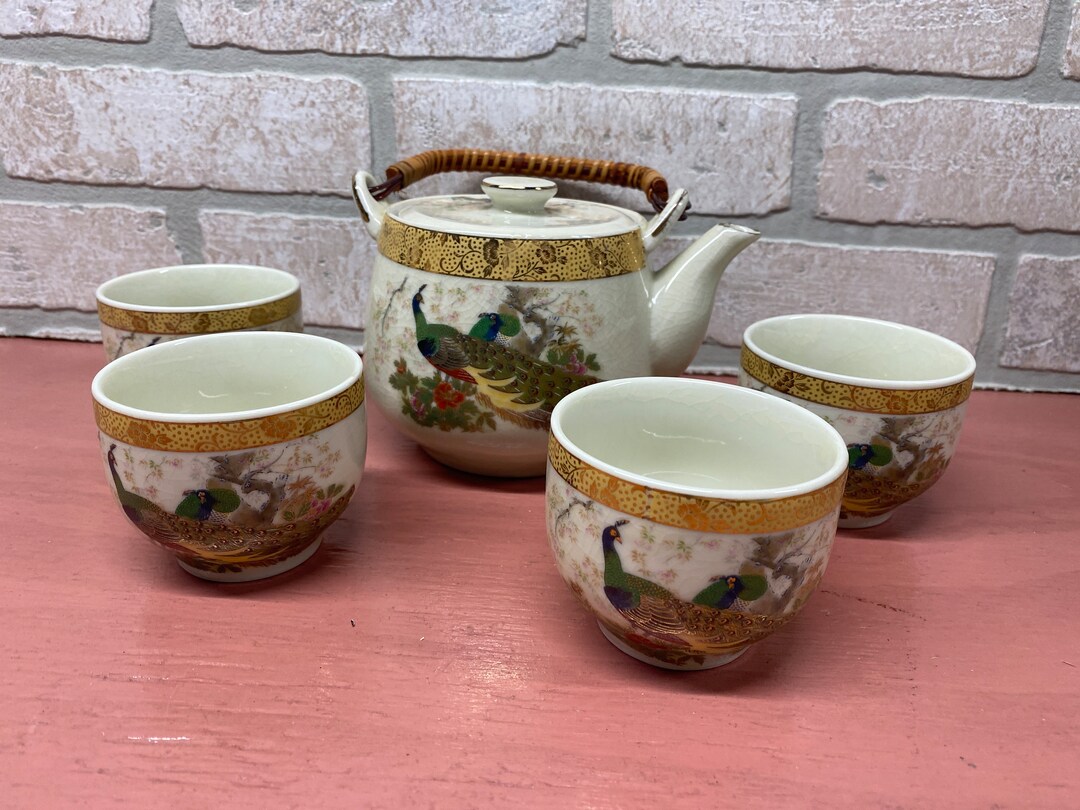 Vintage Peacock Tea Kettle and Cup Set, Set of Four Cups and Tea Kettle ...
