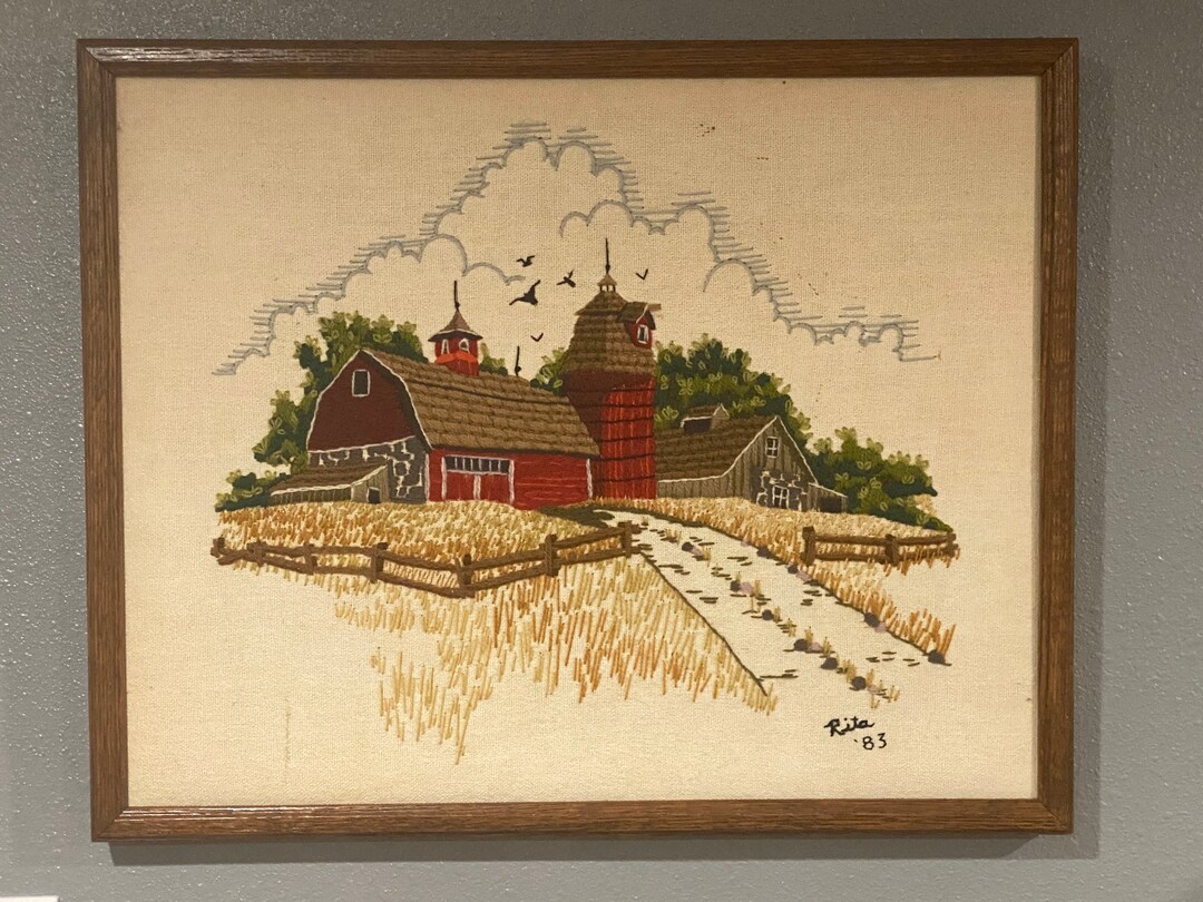 Vintage Framed Embroidered Farm and House, Framed Art - Etsy