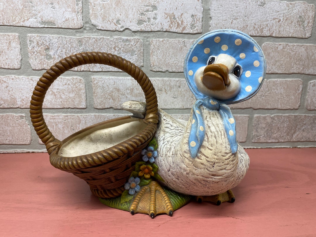 Vintage Duck Planter, Duck and Basket Planter, Ceramic Planter, Outdoor ...