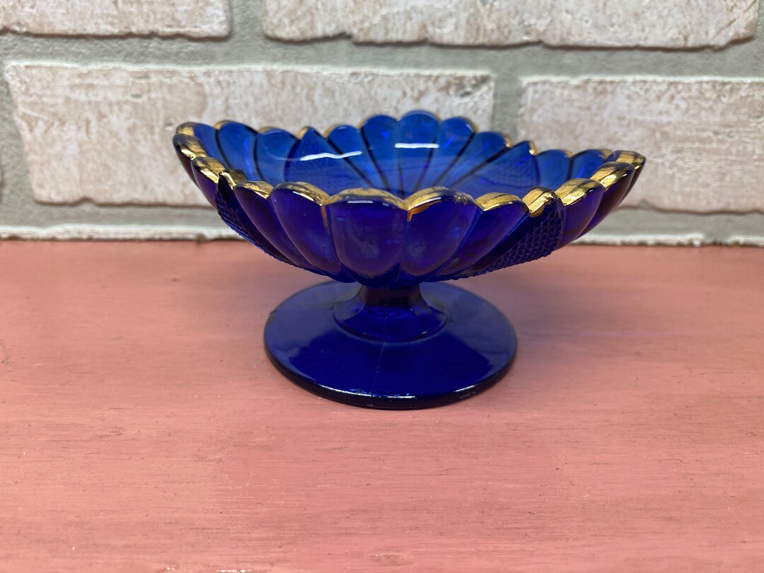 Vintage Blue Glass Pedestal Dish, Collectible Glass, Blue Glass, Gold ...