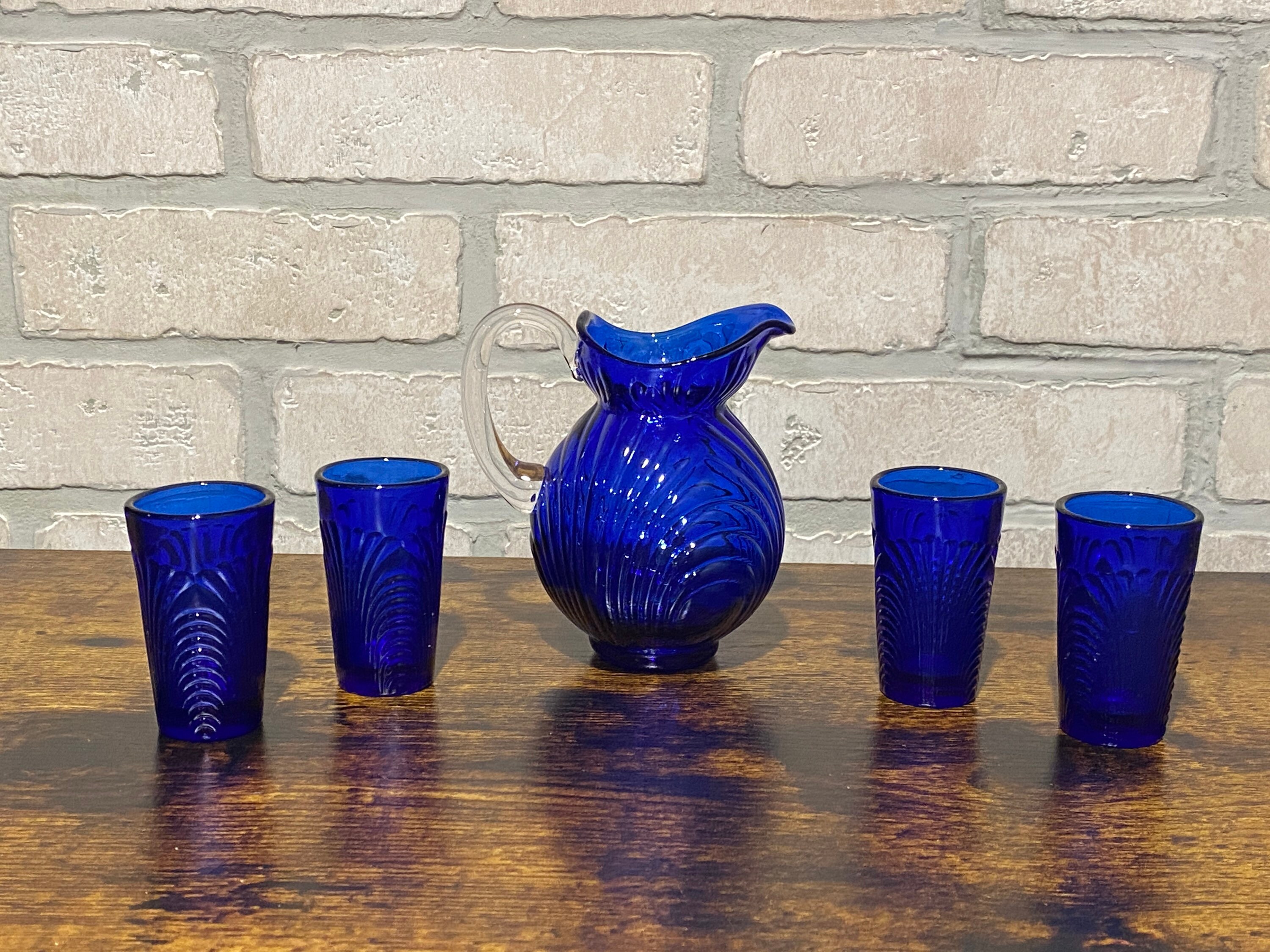 Mini Blue Glass Drink Pitcher With Four Glasses, Vintage Blue Glass - Etsy