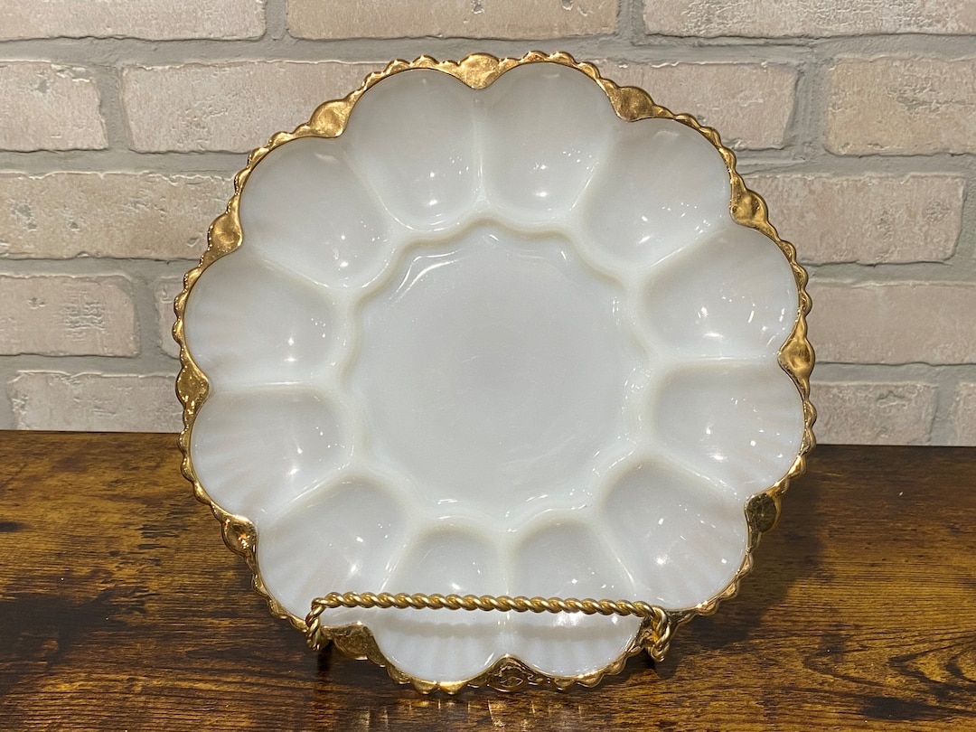 Vintage Anchor Hocking Gold Trimmed Deviled Egg Dish, Serving Platter, Serving Dish, Milk Glass ...