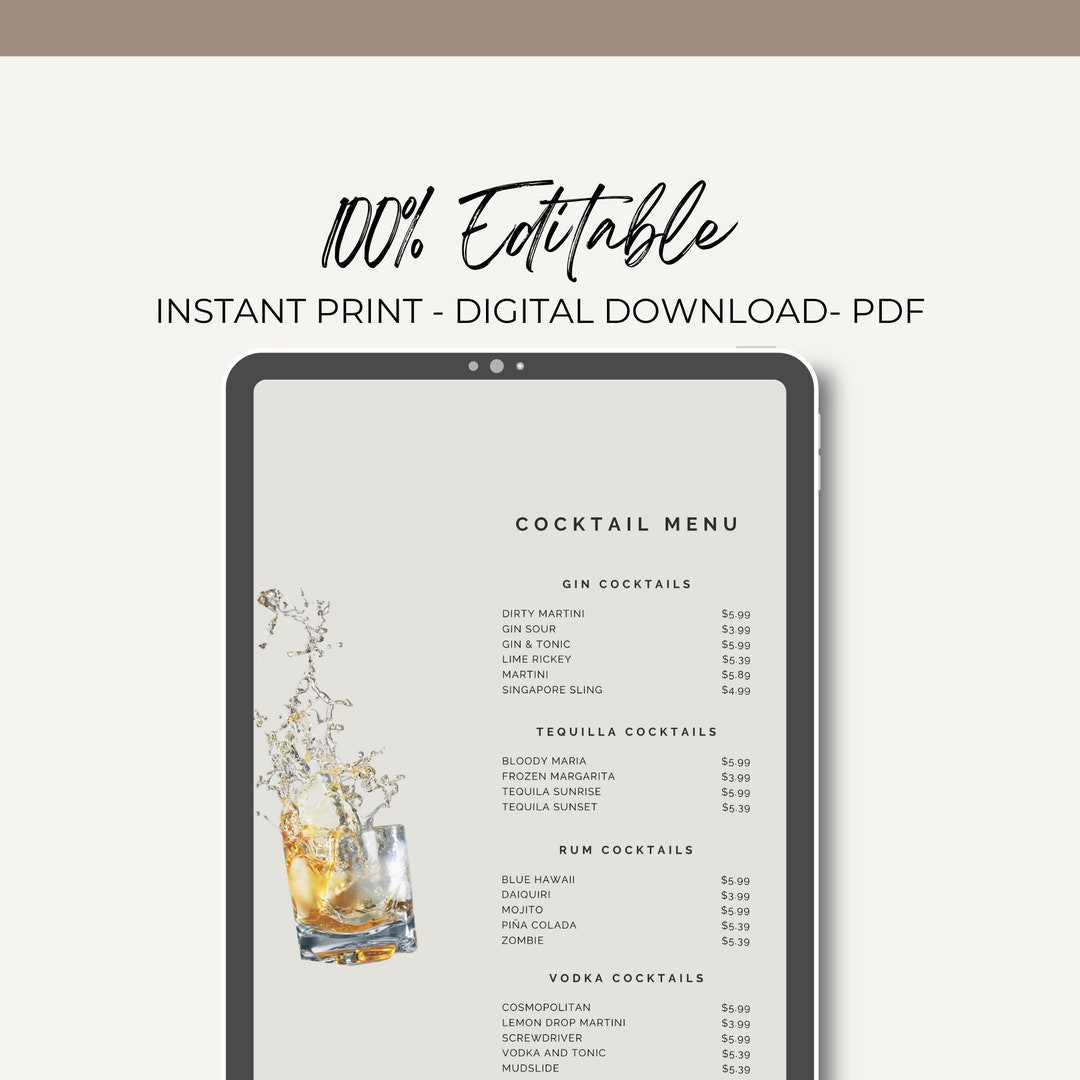 Beer & Wine Menu PDF. Printable Drink Menu. Editable Wine List. Bar ...