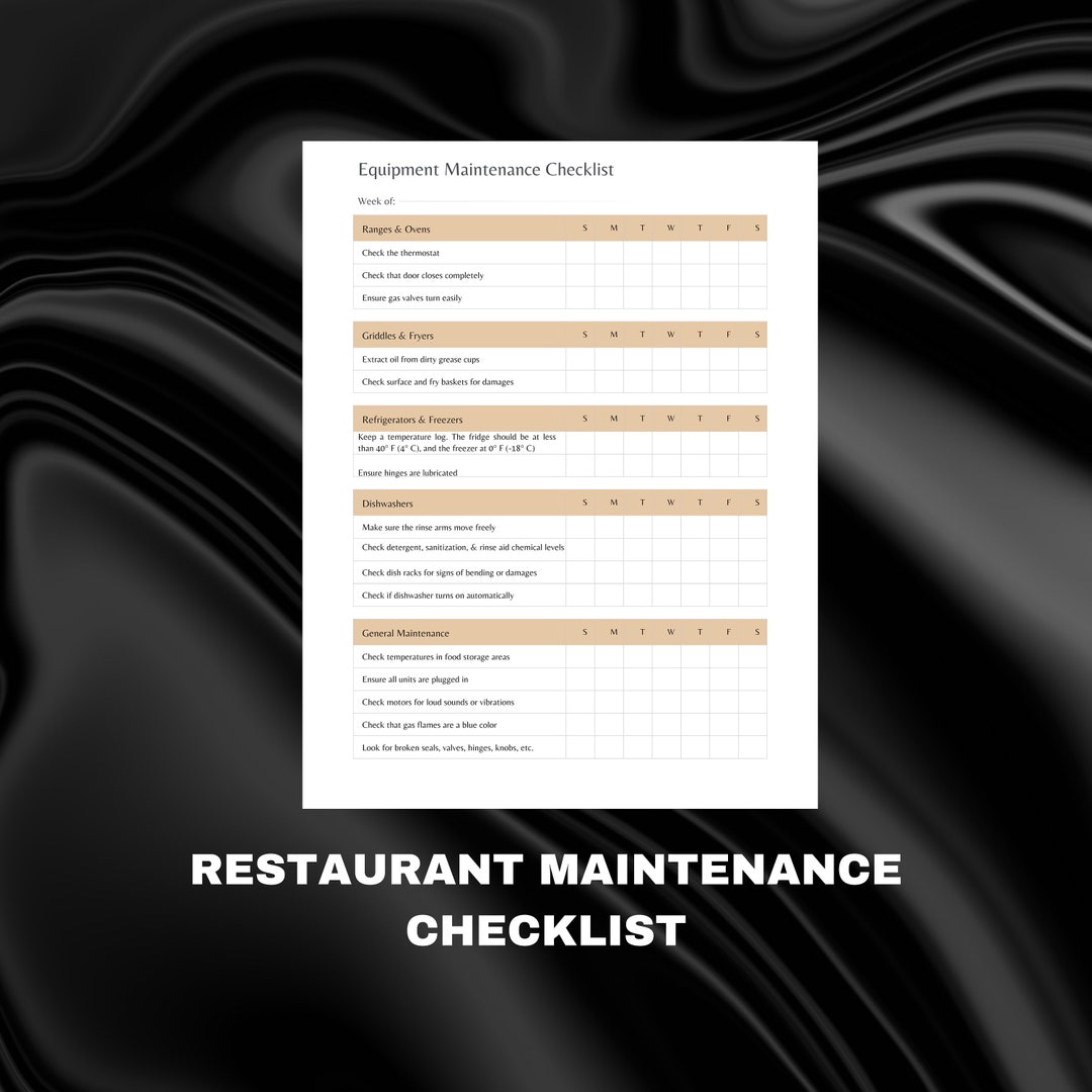 Restaurant Maintenance Checklist. Checklist for Restaurant Equipment ...