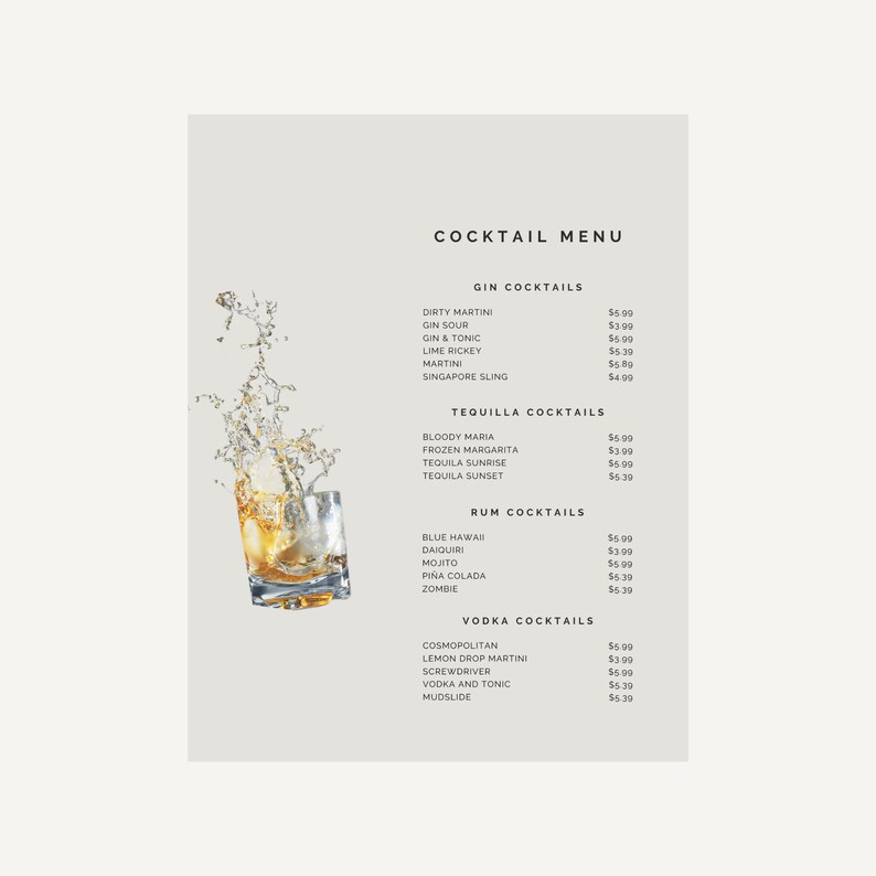 Editable Bar Menu Template: Cocktail, Beer & Wine (PDF) - Etsy