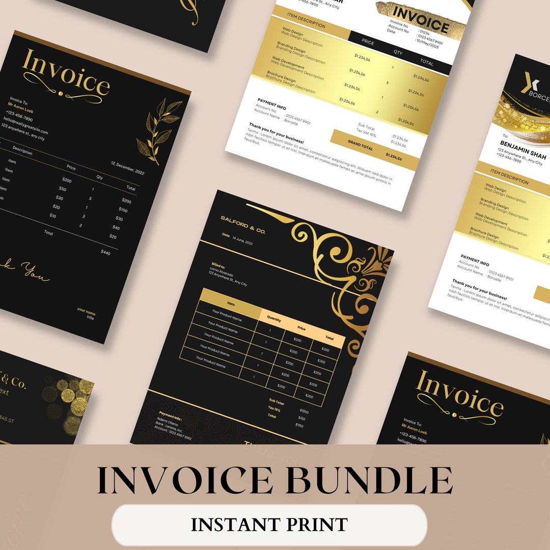 Black & Gold Invoice Template: Editable Business Receipt (digital ...