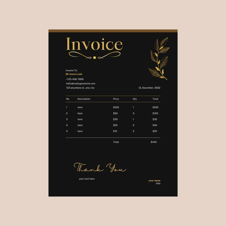 Black & Gold Invoice Template: Editable Business Receipt (digital ...