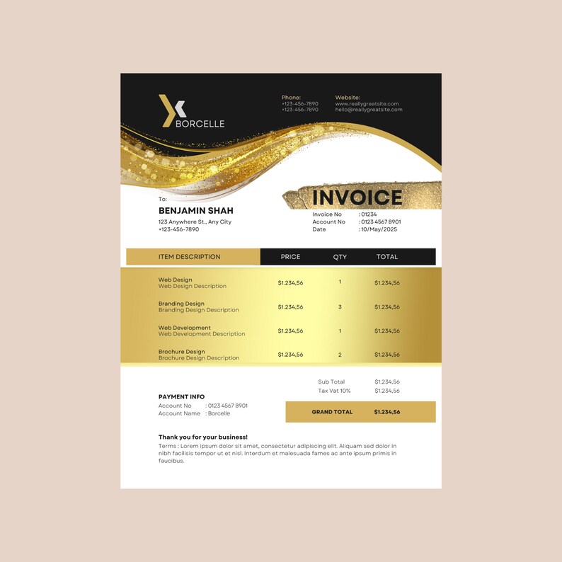 Black & Gold Invoice Template: Editable Business Receipt (digital ...