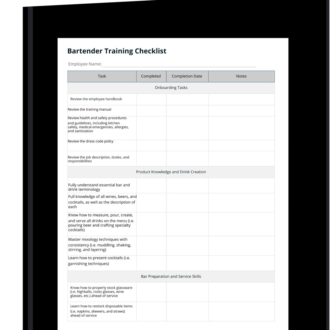 Bartender Training Checklist: Editable Restaurant Employee Guide ...