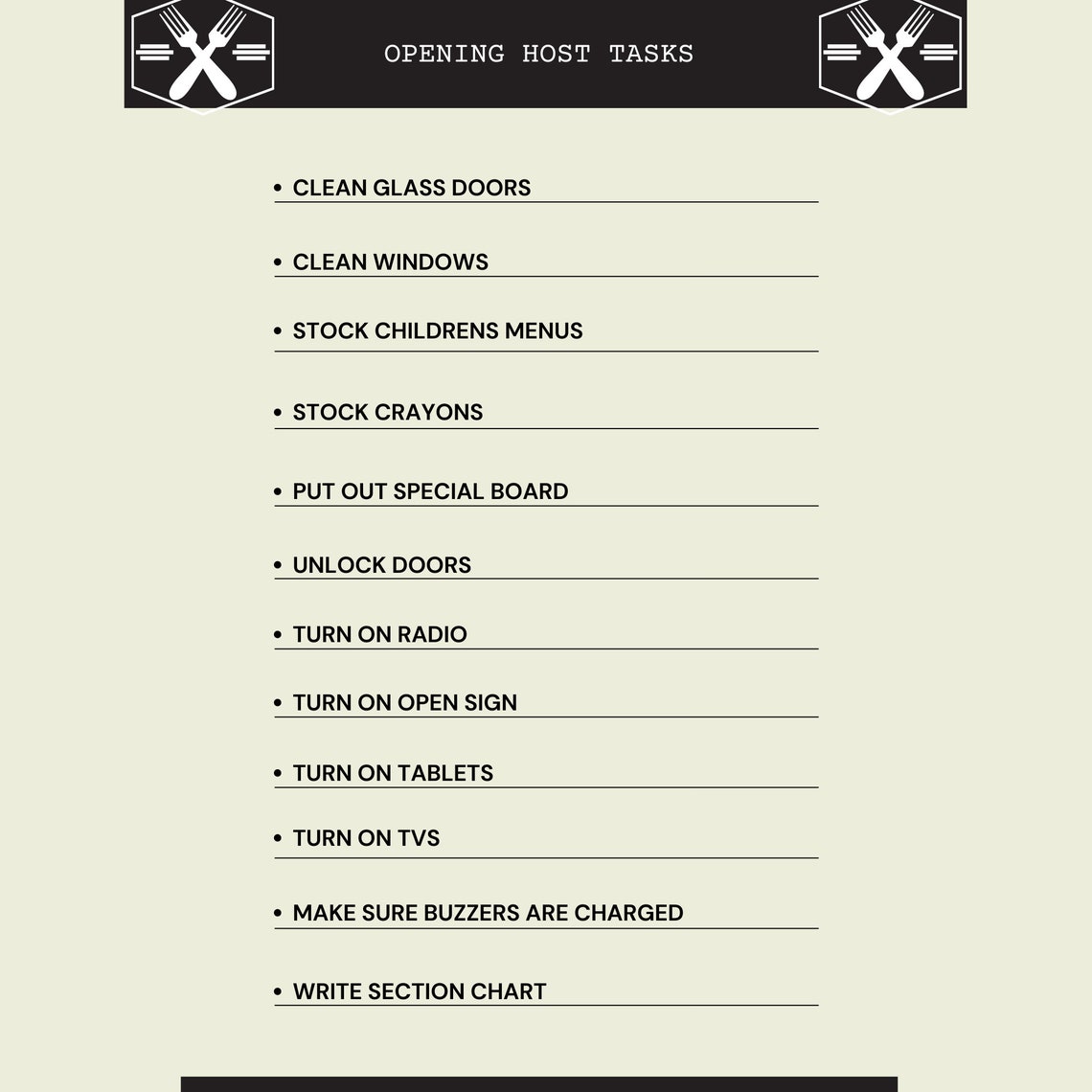 Printable Restaurant Open and Closing Checklist Template. Instant Print ...