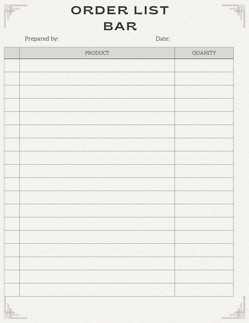 Restaurant Inventory Template. Supply Order List. Printable. - Etsy