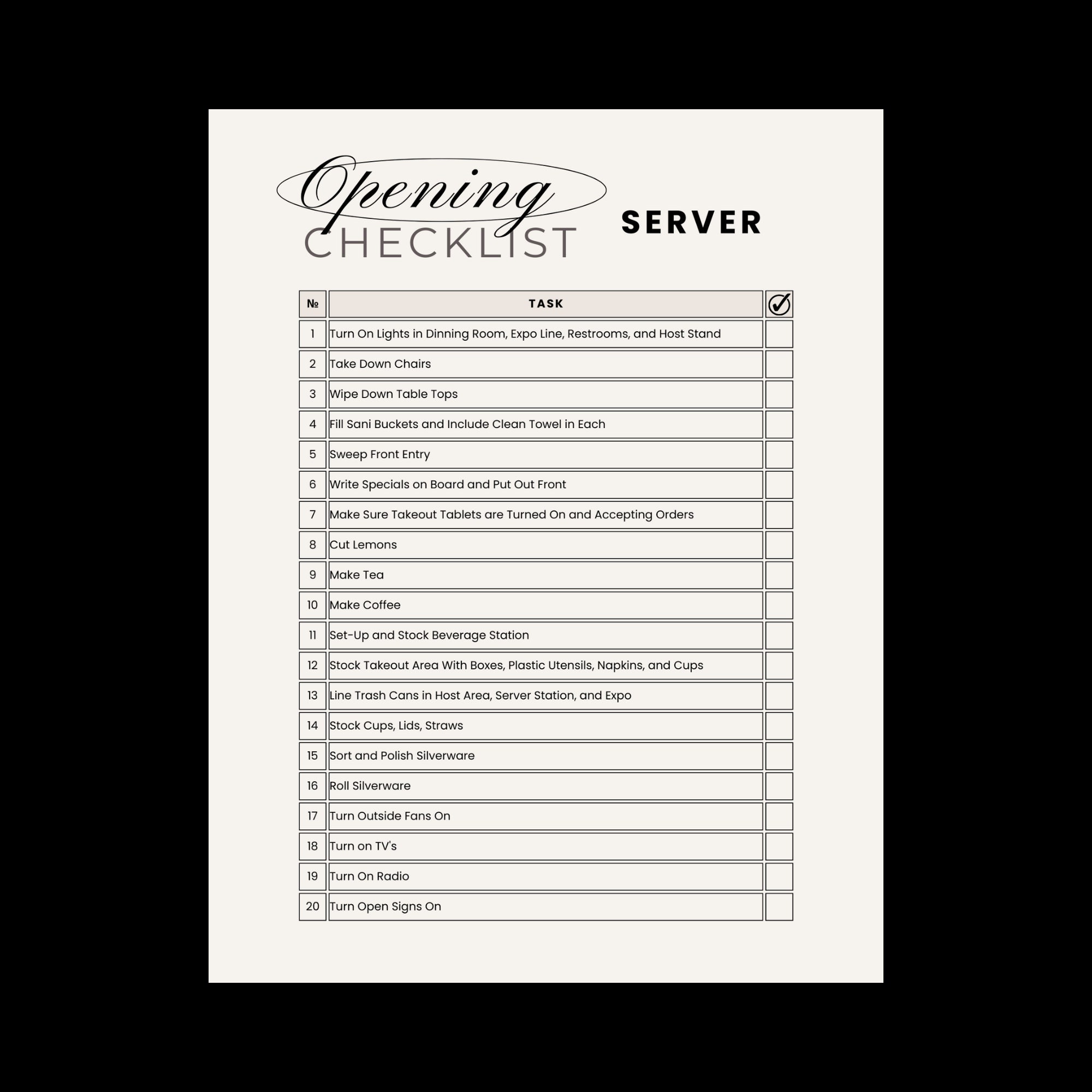 Restaurant Employee Checklist for Opening & Closing Tasks. - Etsy