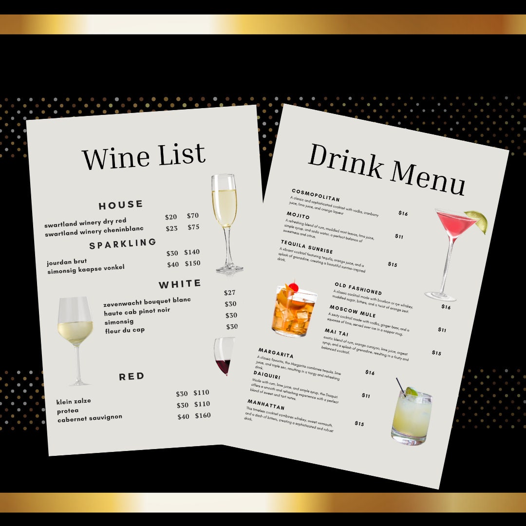 Bar Menu Template. Editable Wine List. Printable Beer & Wine Menu ...