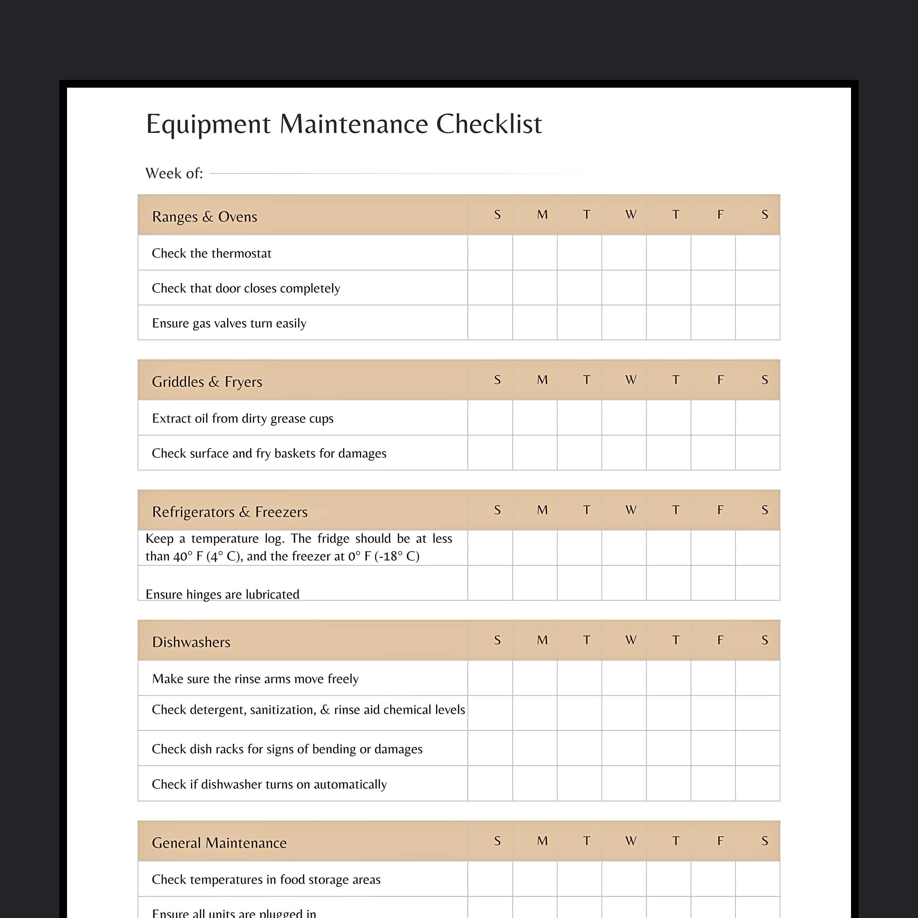 Restaurant Maintenance Checklist. Checklist for Restaurant Equipment ...