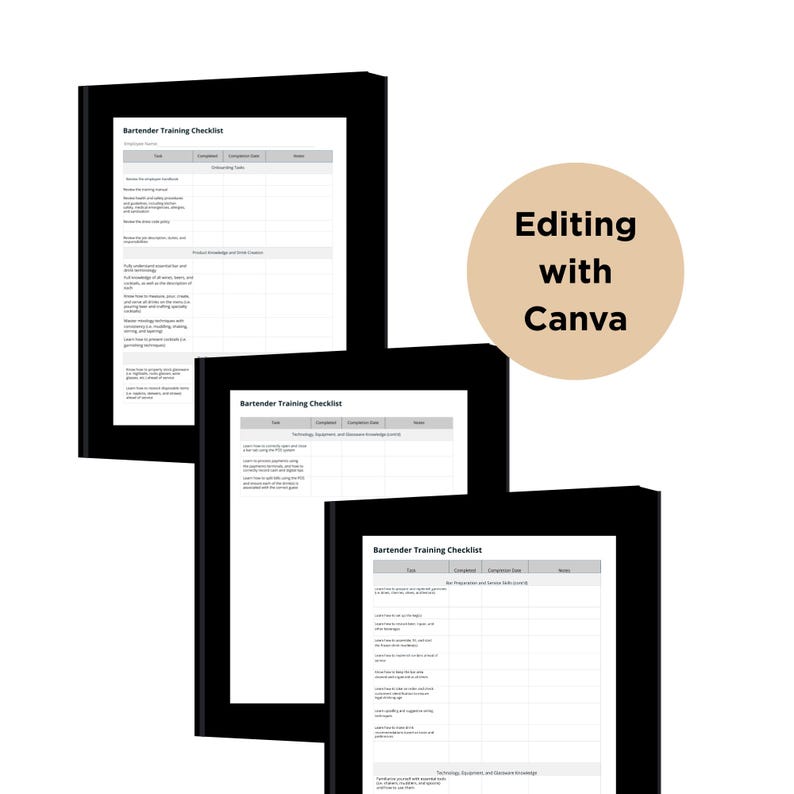 Bartender Training Checklist: Editable Restaurant Employee Guide ...