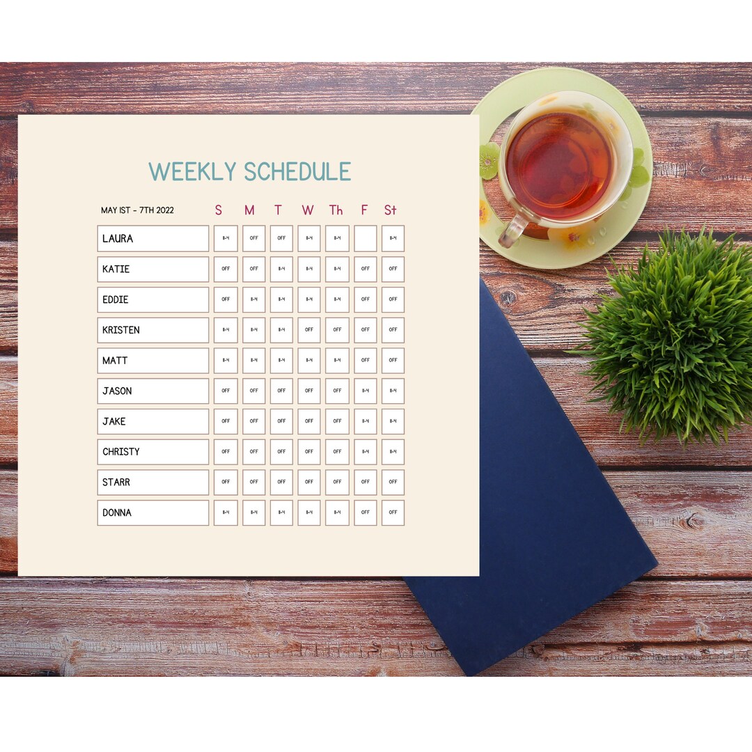 Employee Weekly Work Schedule Template. Instant Print. Editable. - Etsy