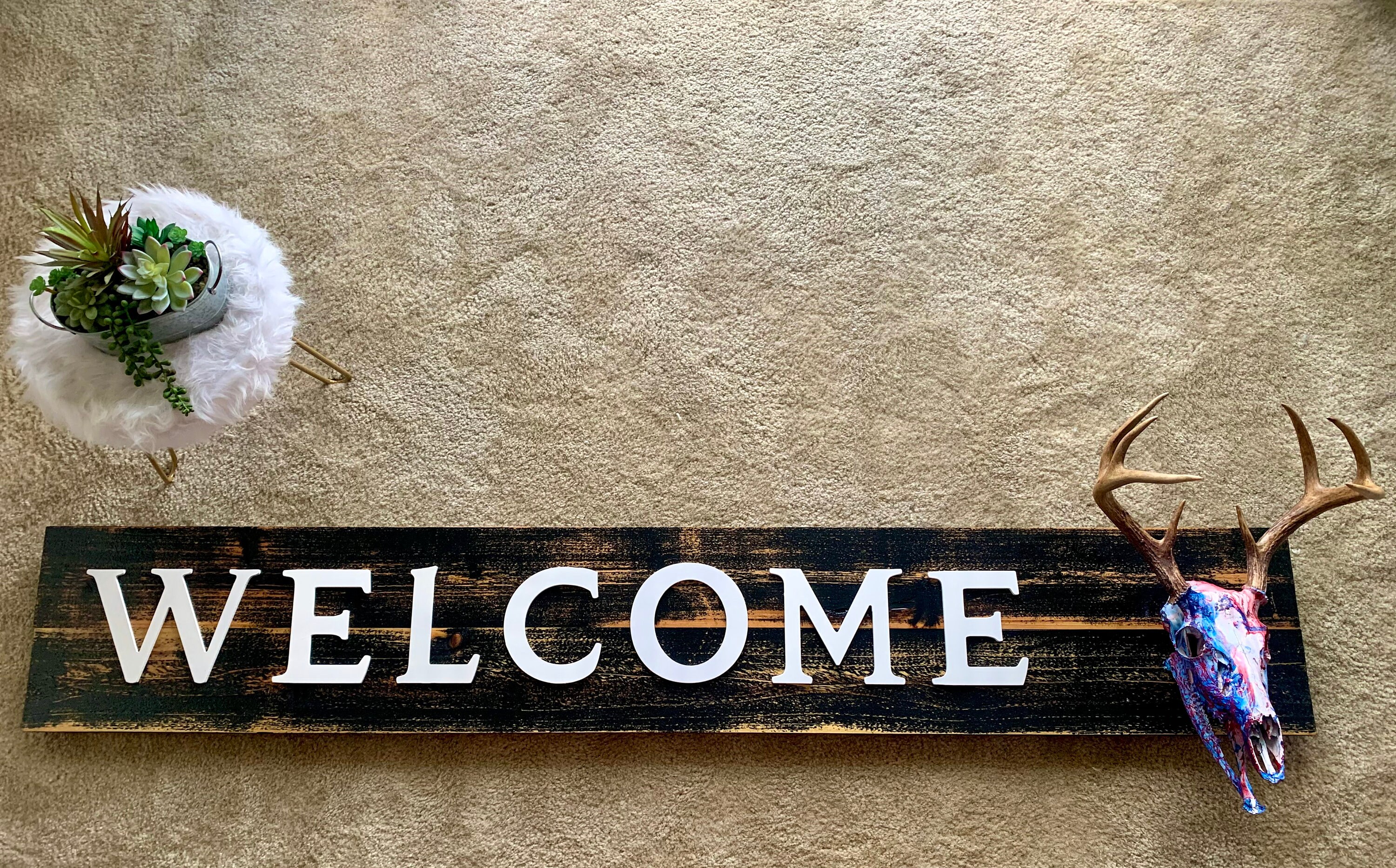 Wooden Welcome Sign With Mounted Real Deer Skull and Antlers With Jaw ...