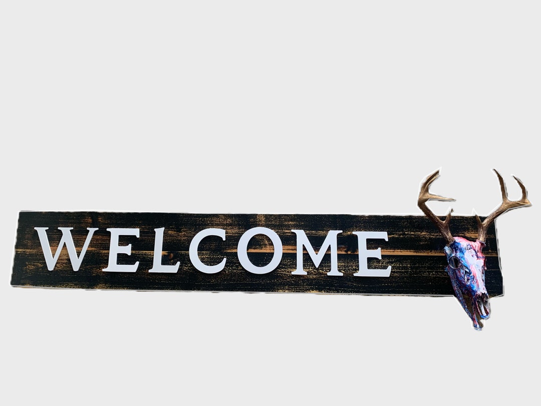 Wooden Welcome Sign With Mounted Real Deer Skull and Antlers With Jaw ...