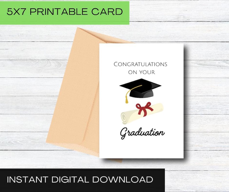 Printable Graduation Card | Congratulations Cap and Diploma | 5x7 PDF ...