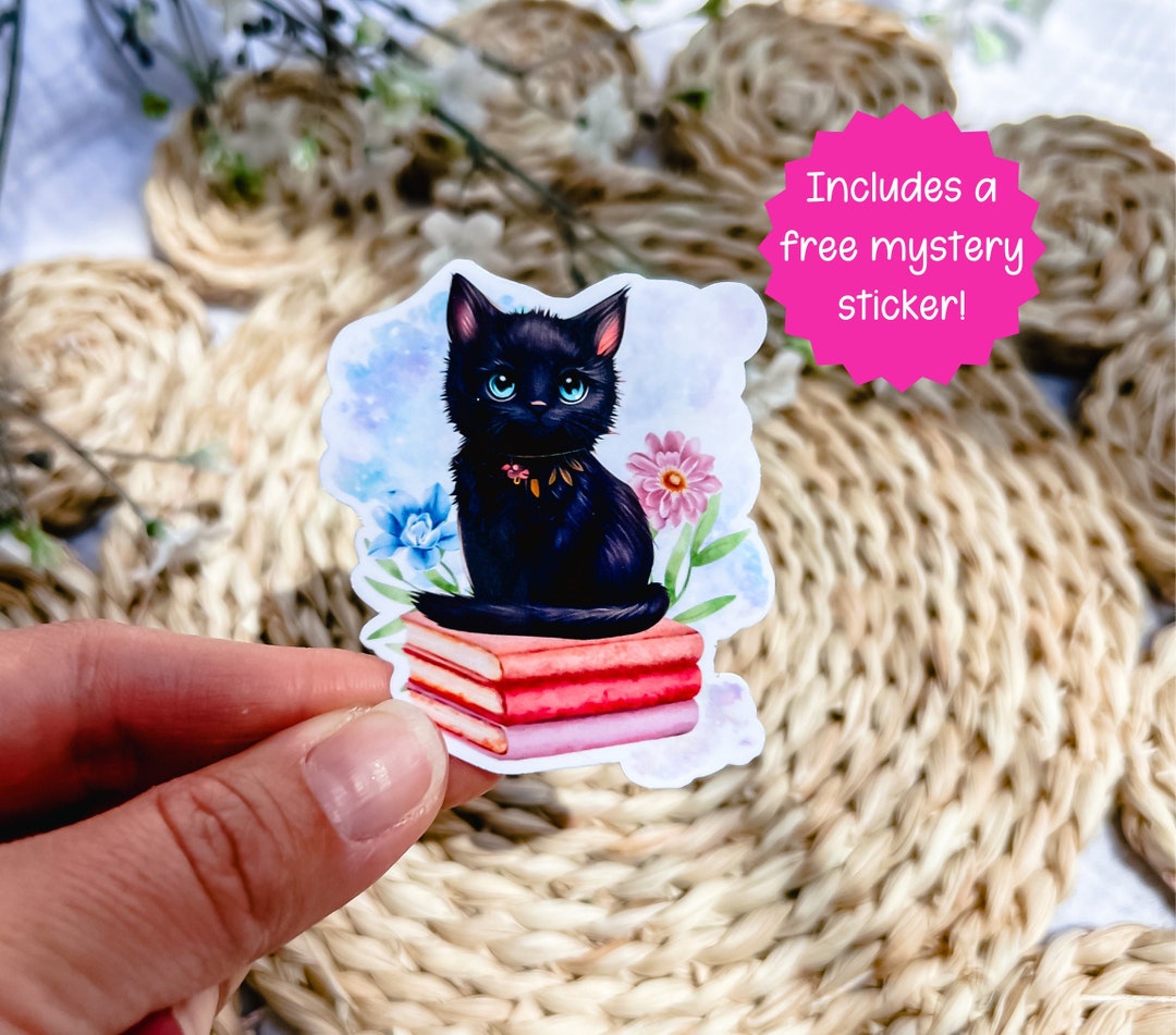 Black Cat Sticker / Cats and Books Sticker / Stacked Books Sticker ...