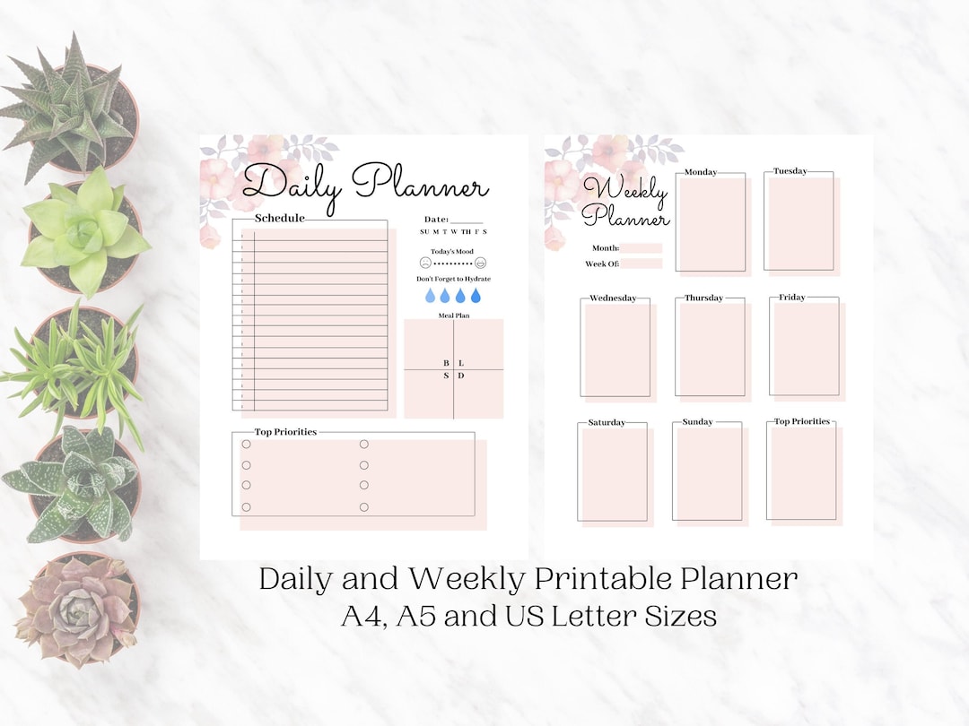Daily and Weekly Planner, Sizes Include A4, A5 and US LETTER. Blank ...