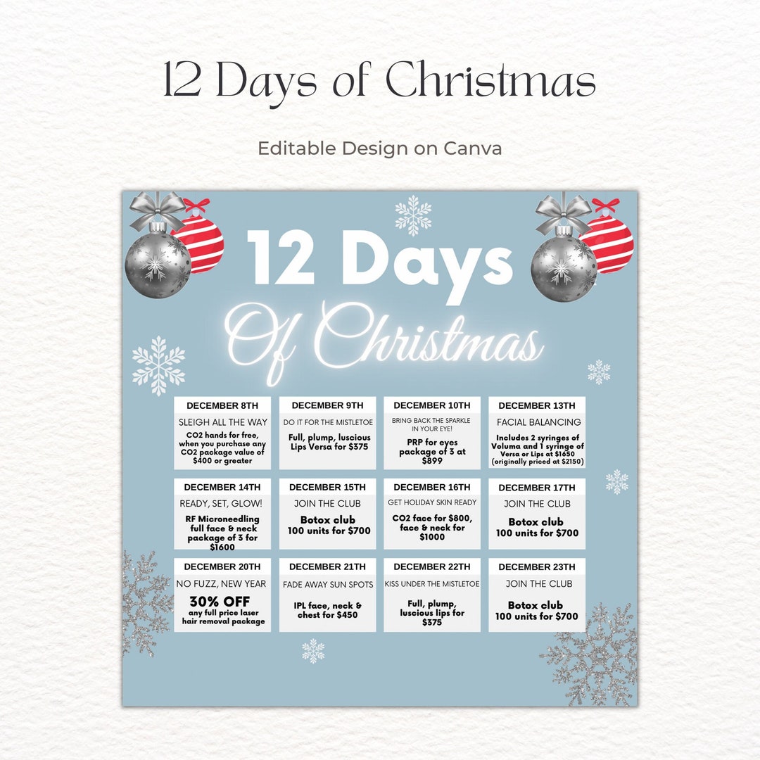12 Days of Christmas Med Spa Promotions | Editable Template - Etsy