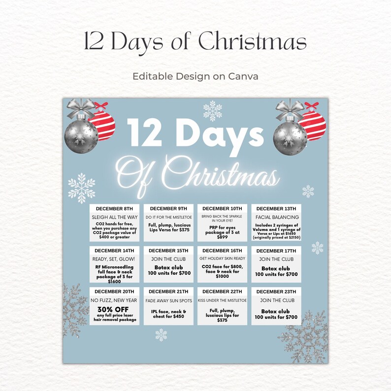 12 Days of Christmas Med Spa Promotions | Editable Template - Etsy