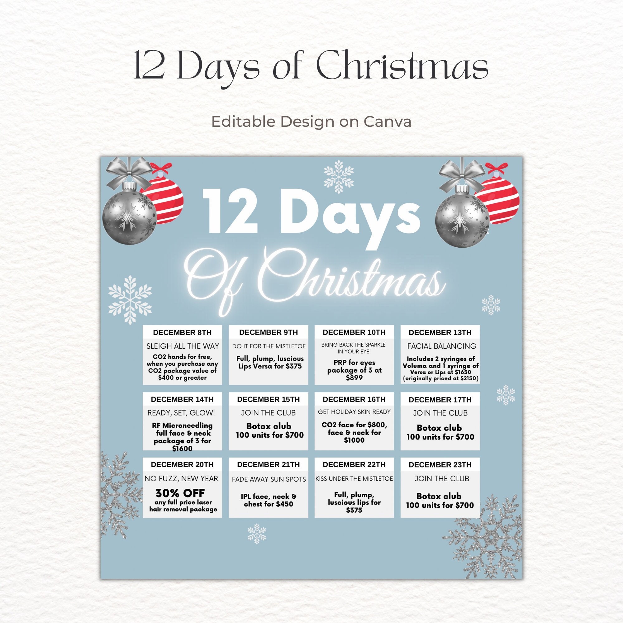 12 Days of Christmas Med Spa Promotions | Editable Template - Etsy