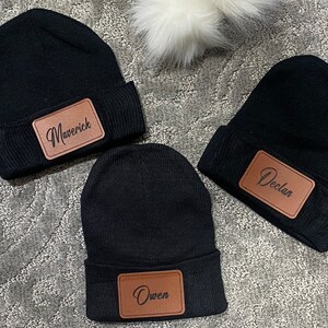 Custom Name Basic Style Leather Patch Winter Beanie // His and Her Name Beanies // Laser Etched ...