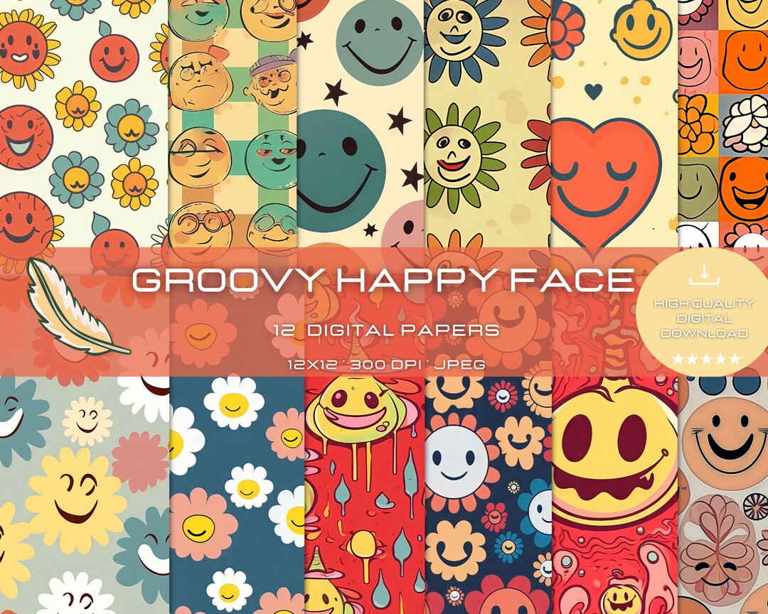 12 Groovy Happy Face Pattern, Floral Retro, Perfect for Scrapbooking ...