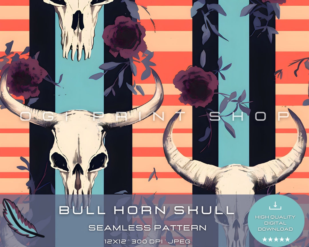 Bull Horn Skull Seamless Repeat Pattern for Commercial Use, Animal ...