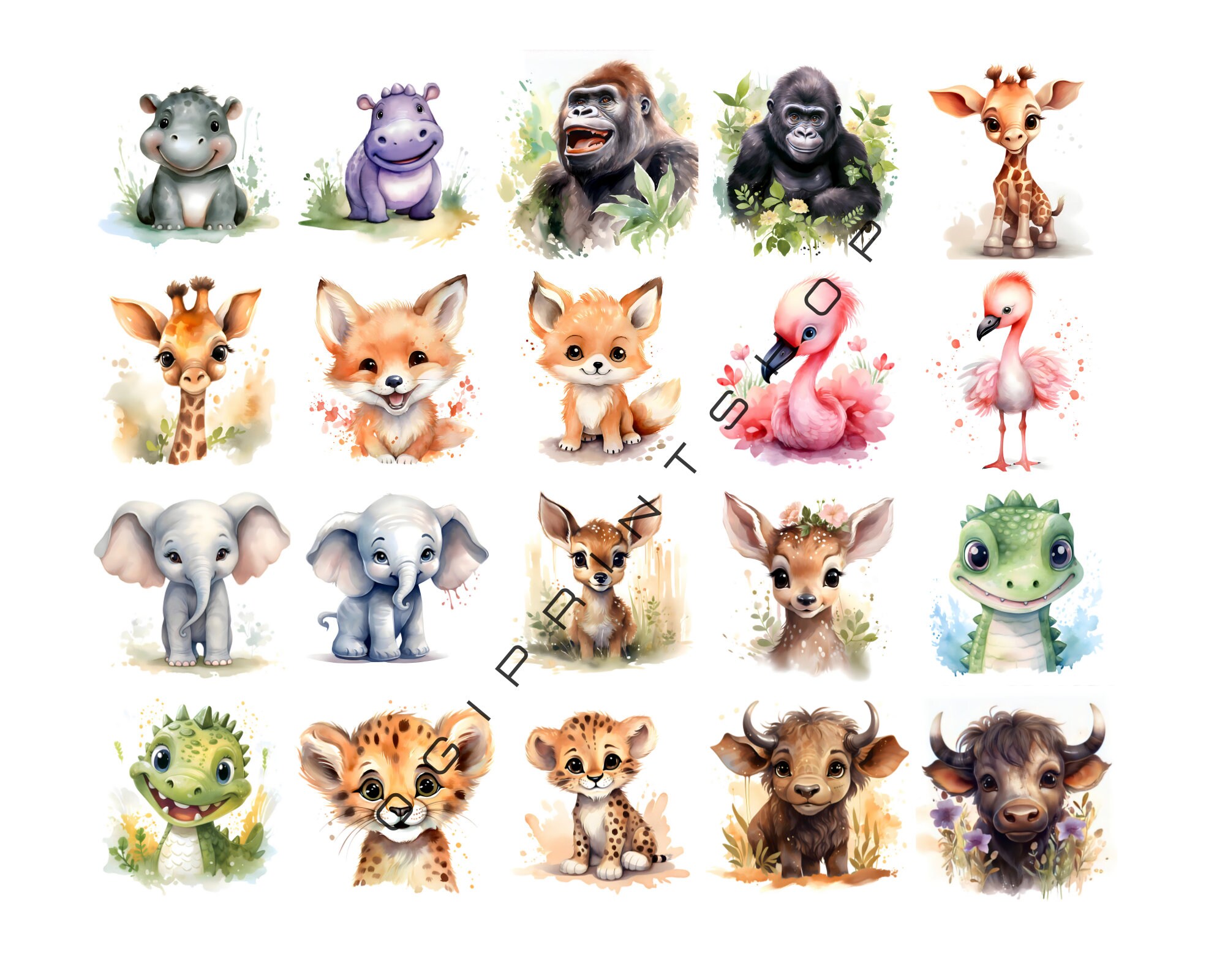 40 Watercolor Safari Animals PNG Clipart, High Quality Baby Animals for ...