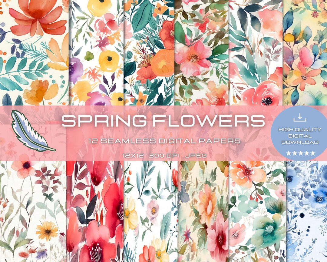 12 Watercolor Floral Spring Seamless Patterns, Scrapbooking, Spring ...