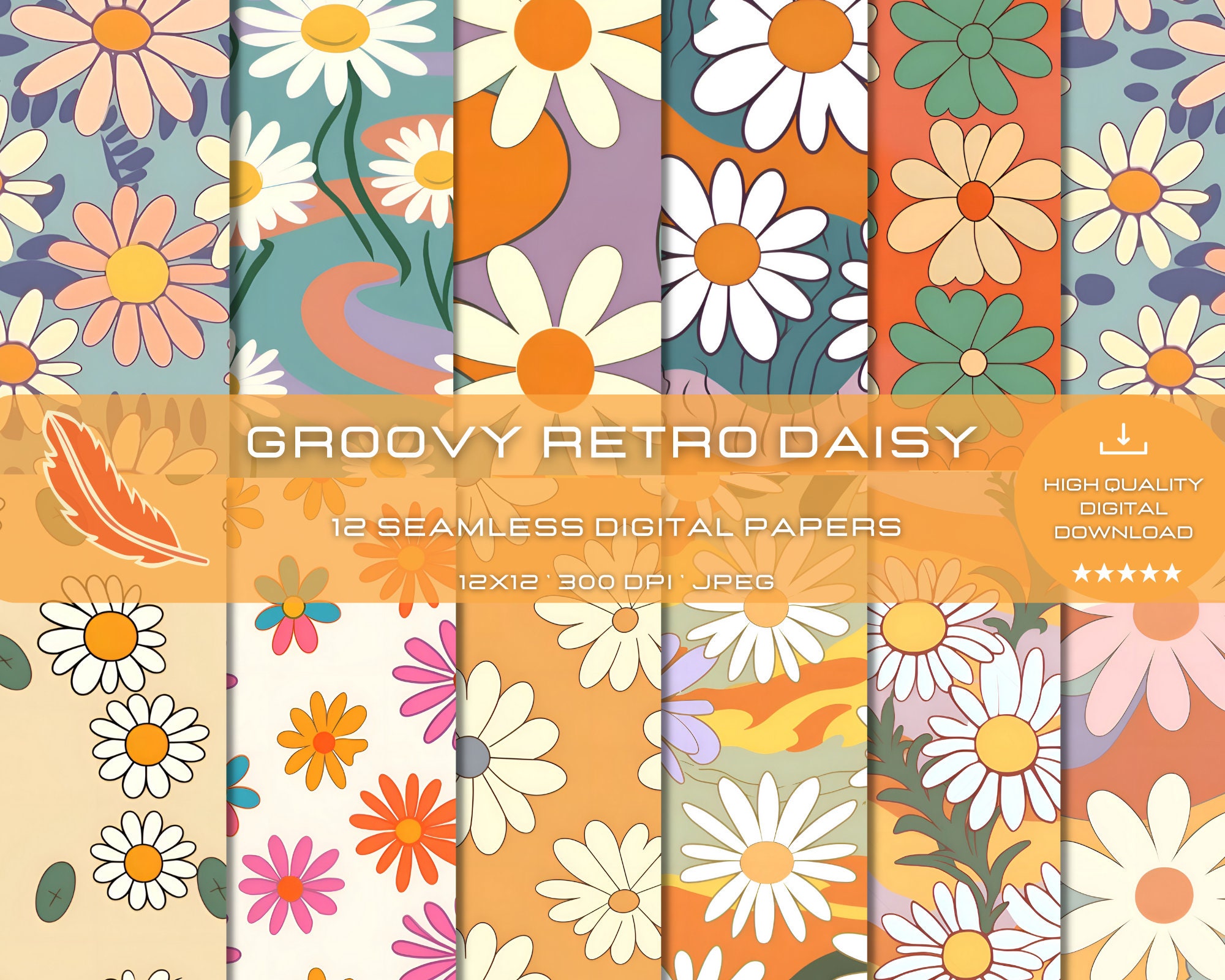 12 Groovy Retro Daisy Digital Patterns for Vintage Inspired Projects ...