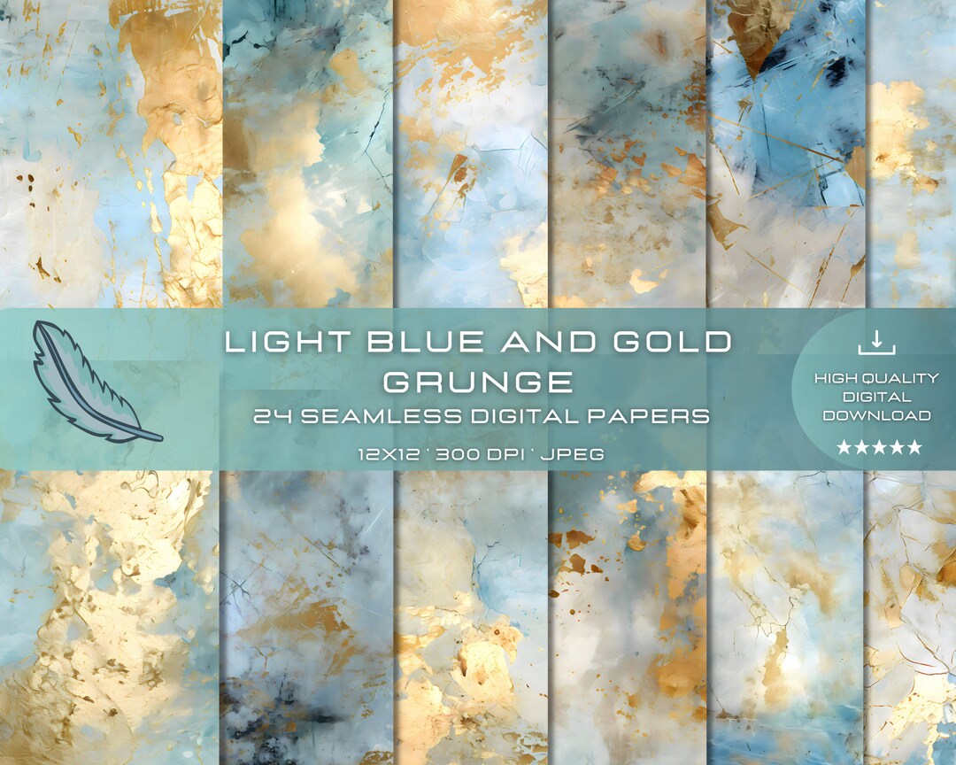 24 Light Blue and Gold Grunge Seamless Patterns for Commercial Use ...