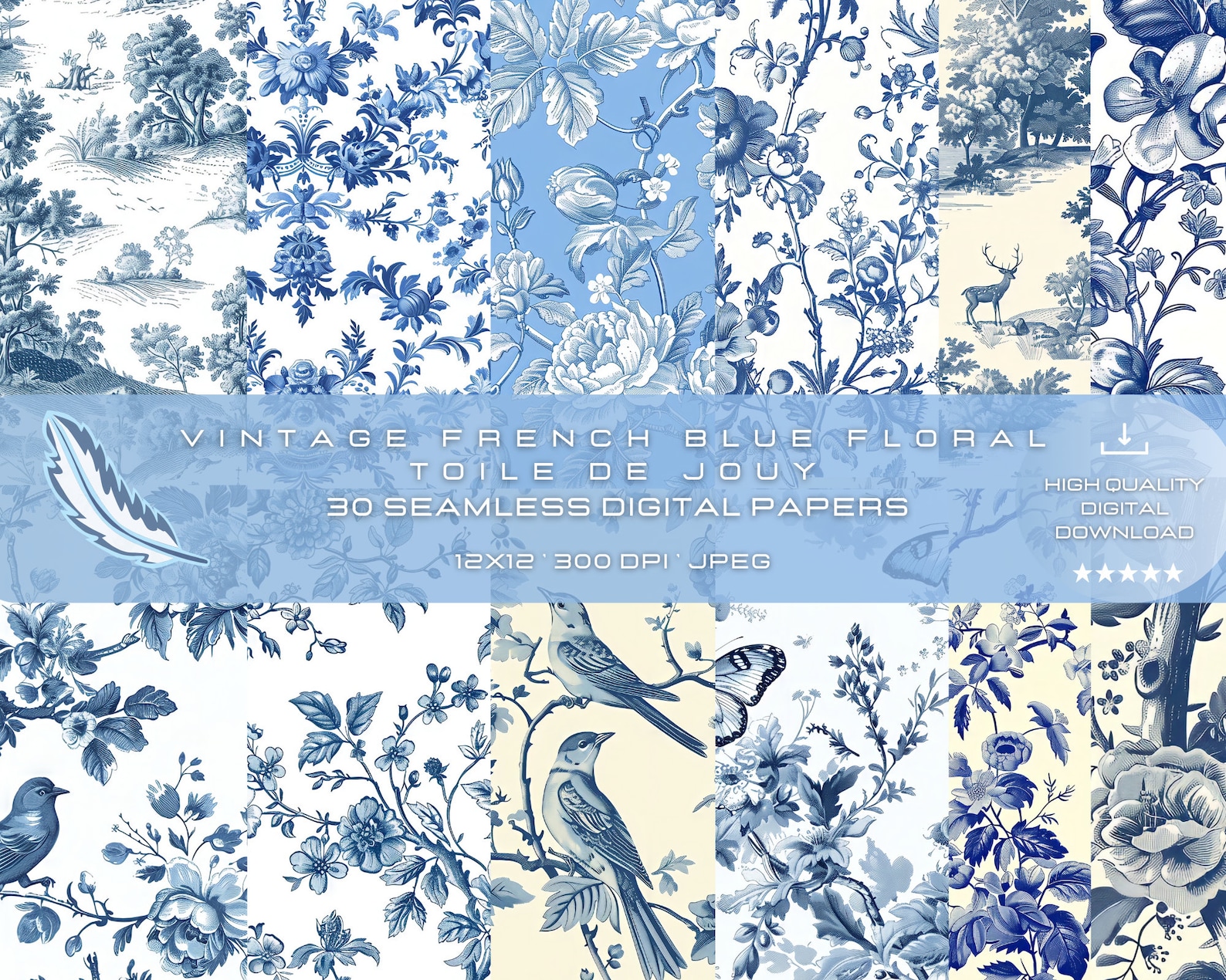 30 Vintage French Blue Floral Toile De Jouy Seamless Textures for ...